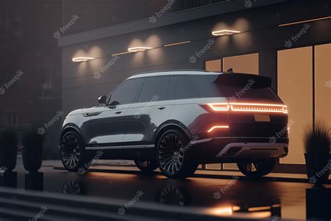건물 후면부 근처 주차장에 대형차가 서 있다 스포츠카 미래형 자율주행차 Hud 자동차 제너레이티브 Ai 프리미엄 사진