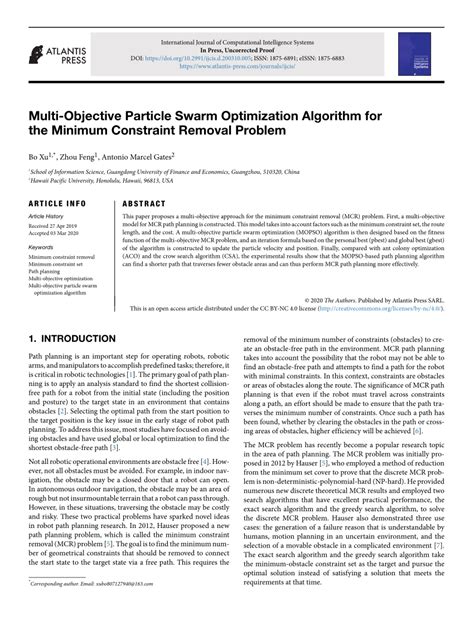 PDF Multi Objective Particle Swarm Optimization Algorithm For The Minimum Constraint Removal
