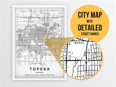 Printable Map Of Topeka Ks Kansas Usa City Map With Street Etsy