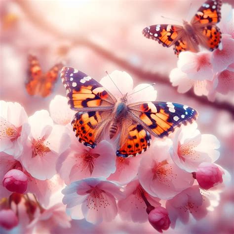 Soft Brightly Colored Butterflies Climb On Cherry Blossom Branches