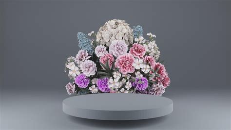 제품 디스플레이를 위한 기하학적 모양 연단이 있는 D 렌더링 다중 꽃 배경색 최소 C 프리미엄 사진