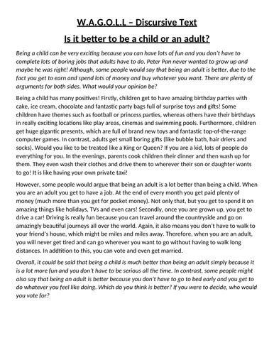 Wagoll Discursive Text Example With Success Criteria Teaching