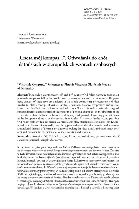 Pdf Cnota Mój Kompas Odwołania Do Cnót Platońskich W Staropolskich Wzorach Osobowych