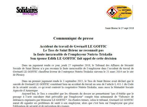 Communiqué De Presse Accident Du Travail De Gwénaël Le Goffic Le Tass De Saint Brieuc Ne