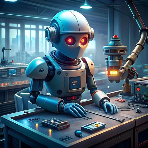 A Futuristic Robotic Assembler Works Diligently At A Control Panel