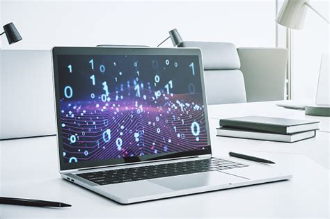 현대 노트북 화면에 바이너리 코드 일러스트의 창조적 인 개념 빅 데이터 및 코딩 개념 3d 렌더링 과학에 대한 스톡 사진 및