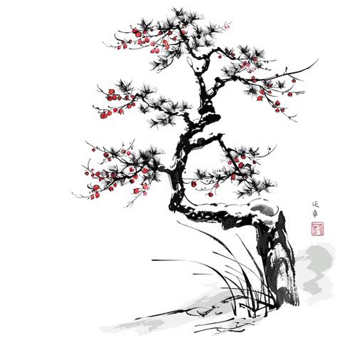 A Drawing Of A Tree With Red Flowers On It Premium AI Generated Vector