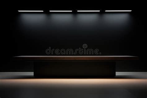 Dimly Lit Empty Space With Table Against Glowing Wall Copyspace Empty