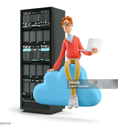 괴짜 래리 녀석이 서버 옆에 서 있습니다 3d 그림입니다 현대 기술의 개념입니다 남자에 대한 스톡 사진 및 기타 이미지 남자 네트워크 서버 컷아웃 Istock