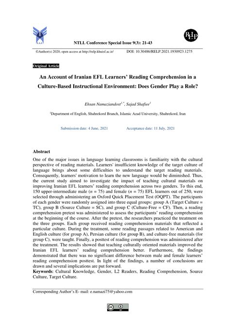 Pdf An Account Of Iranian Efl Learners Reading Comprehension In A Culture Based Instructional