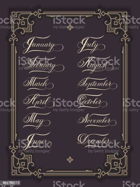 손으로 그린 올해의 모든 달 문자 집합입니다 우아한 현대 필기 서 예 잉크 그림 벡터 어두운 배경에 타이 포 그래피 포스터입니다 카드 초대장 인쇄 등 11월에 대한 스톡