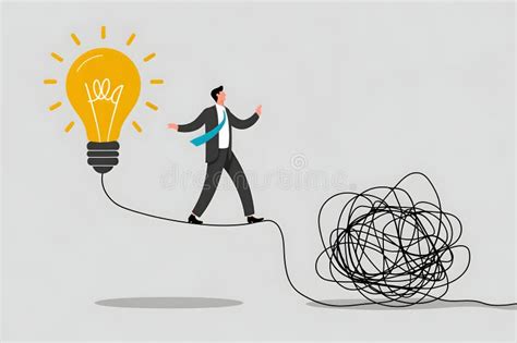 Businessman Walks Rope From Bulb To Tangled Wire Symbolizing Balance In Ideas Stock