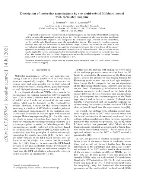Pdf Description Of Molecular Nanomagnets By The Multi Orbital Hubbard