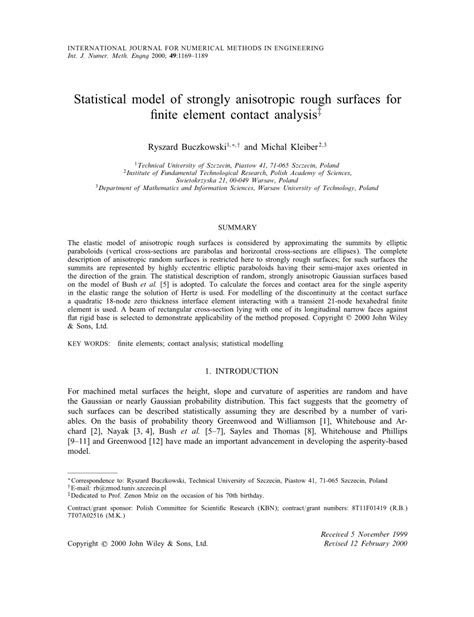 Pdf Rough Model Of Strongly Anisotropic Surfaces For Finite Element Contact Analysis