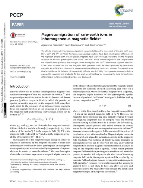 Pdf Magnetomigration Of Rare Earth Ions In Inhomogeneous Magnetic Fields