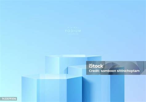 사실적인 3d 블루 글래스 큐브 육각형 스탠드 또는 연단이 깨끗한 벽 배경으로 설정되어 있습니다 모형 제품 무대 쇼케이스 프로모션 디스플레이를위한 파스텔 최소 장면 벡터