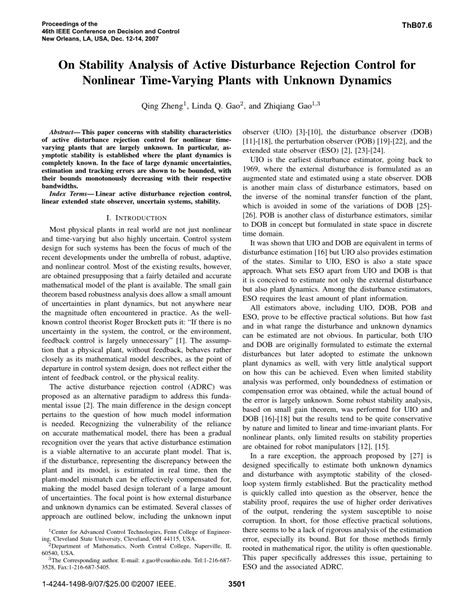 PDF On Stability Analysis Of Active Disturbance Rejection Control For Nonlinear Time Varying