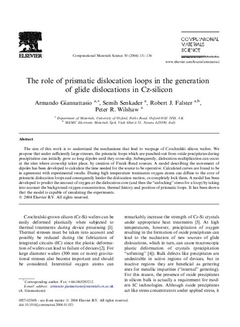 Pdf The Role Of Prismatic Dislocation Loops In The Generation Of Glide Dislocations In Cz Silicon