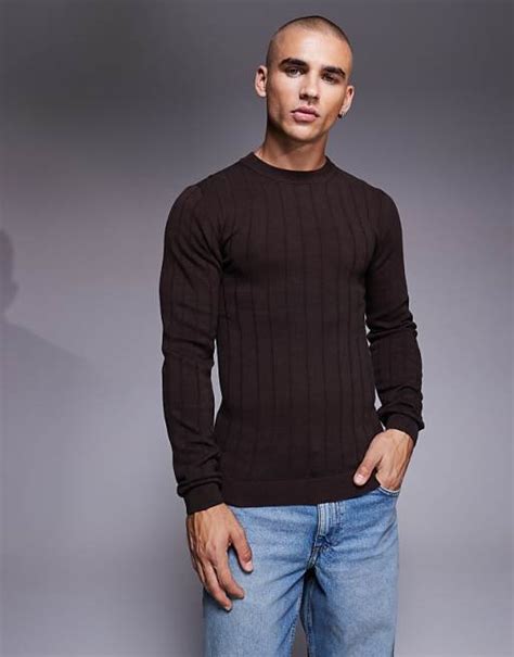 Asos Design Muscle Fit Long Sleeve Knitted Rib T Shirt In Brown Asos