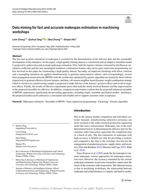 Data Mining For Fast And Accurate Makespan Estimation In Machining Workshops Request Pdf
