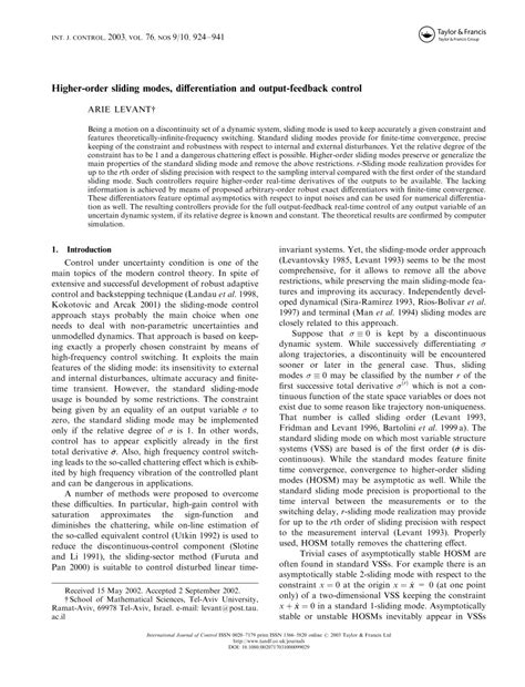 Pdf Higher Order Sliding Modes Differentiation And Output Feedback Control