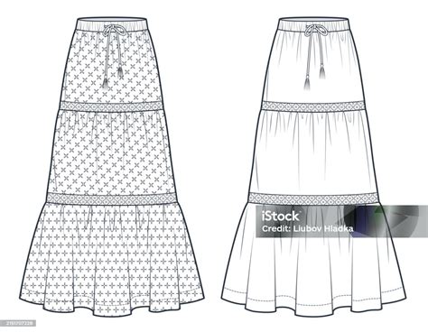Tiered Maxi Skirt 테크니컬 패션 일러스트레이션 자수 디자인 보헤미안 스커트 패션 플랫 기술 도면 템플릿 탄성 허리띠 졸라 매는 끈 정면도 화이트 여성 Cad