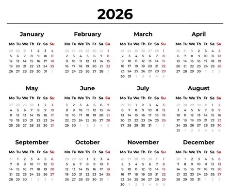 Calendario Para 2026 Negro Y Blanco A4 Inglés Horizontal 68073833
