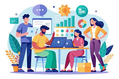 A Group Of Professionals Engage In Collaborative Work Using Laptops And Digital Devices In An