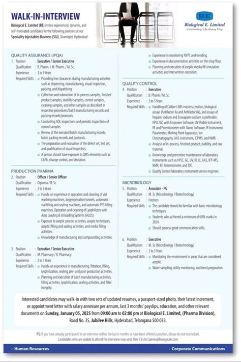 biological e careers walk in interviews for qa production qc