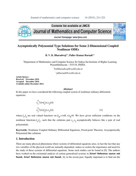 Pdf Asymptotically Polynomial Type Solutions For Some 2 Dimensional Coupled Nonlinear Odes