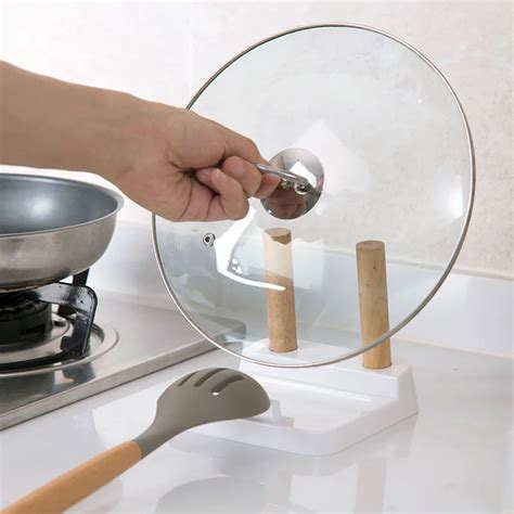 Tuuth 나무 냄비 랙 숟가락 홀더 팬 커버 뚜껑 받침대 스탠드 가전 드레인 랙 주방 용품스푼 레스트 And 냄비 클립