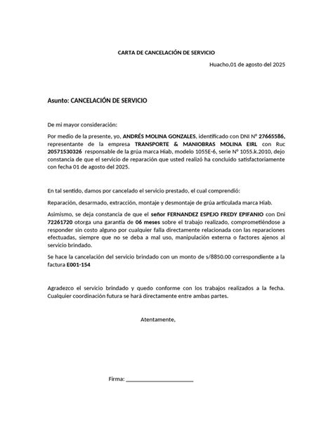 Carta De Cancelación De Servicio Pdf