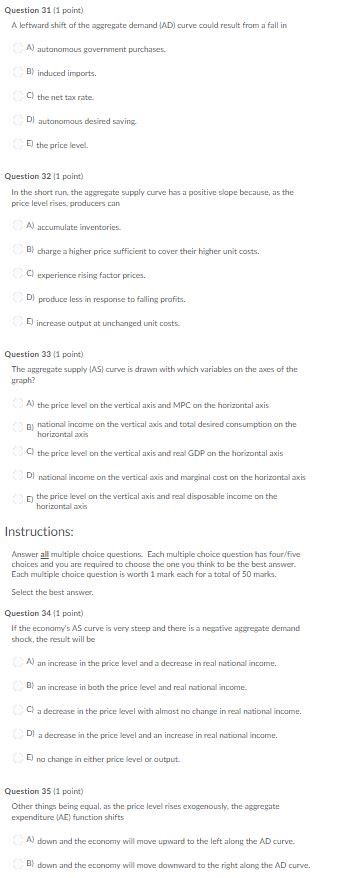 Solved Question 31 1 Point A Leftward Shift Of The