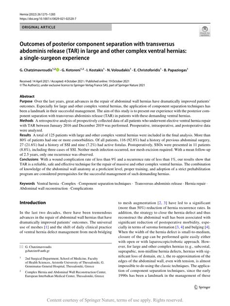 Outcomes Of Posterior Component Separation With Transversus Abdominis Release Tar In Large And