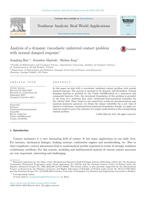 Pdf Analysis Of A Dynamic Viscoelastic Unilateral Contact Problem With Normal Damped Response