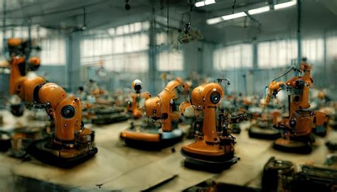 글로벌 생산의 현대 공장 산업용 로봇 로봇 팔 기술 진화의 3d 내부 조립 라인 프리미엄 사진