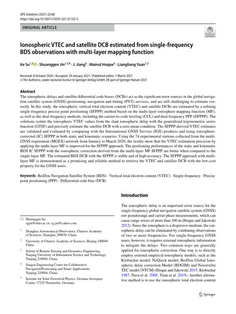 Su 等。 2021 Ionospheric Vtec And Satellite Dcb Estimated From Pdf Ionosphere