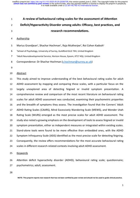 Pdf A Review Of Behavioural Rating Scales For The Assessment Of