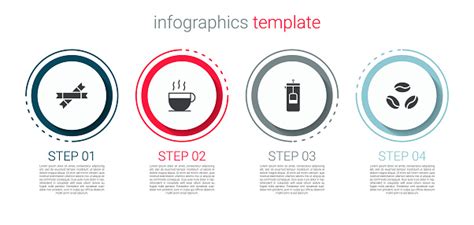 설탕 스틱 패킷 커피 컵 프렌치 프레스 및 콩을 설정합니다 비즈니스 인포그래픽 템플릿입니다 벡터 가방에 대한 스톡 벡터 아트 및