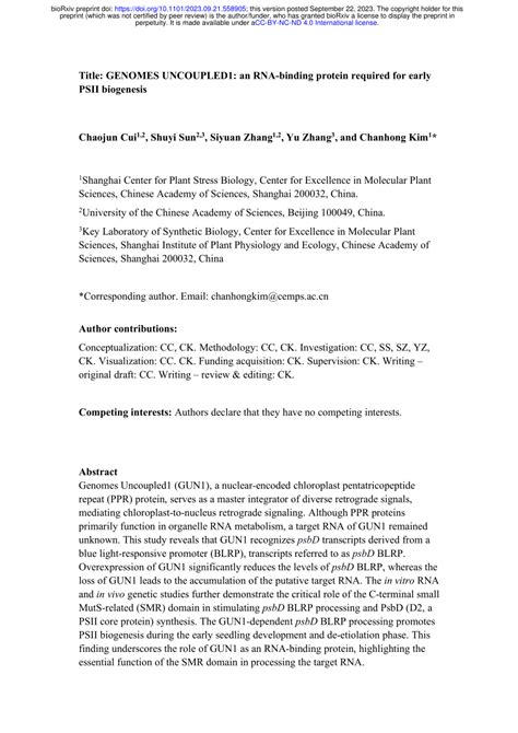 Pdf Genomes Uncoupled1 An Rna Binding Protein Required For Early