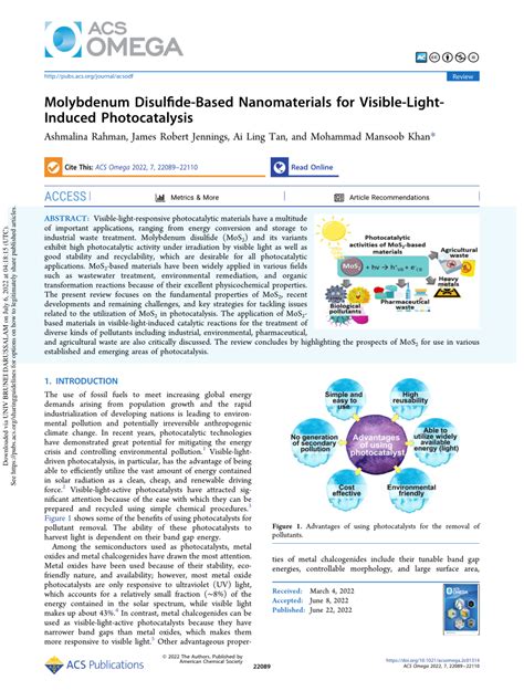 Pdf Molybdenum Disulfide Based Nanomaterials For Visible Light Induced Photocatalysis