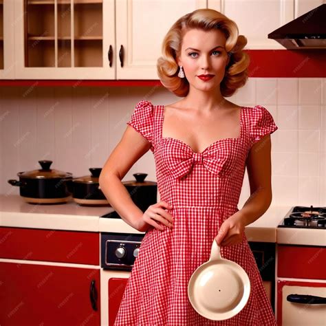 Premium Photo Retro Housewife In Red And White Checkered Dress In