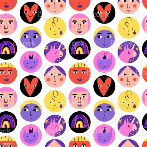 추상적 인 얼굴은 매끄러운 패턴입니다 재미있는 만화 캐릭터 낙서 트렌디 한 아바타 미소 사람들 현대 기하학적 인쇄물 장식 섬유