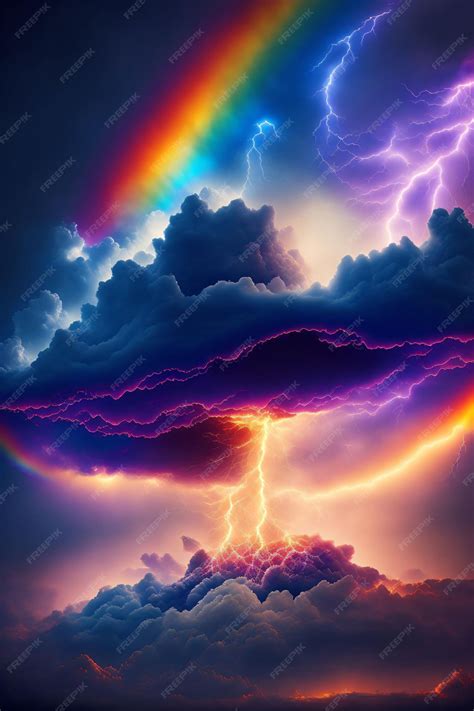 Premium Ai Image Colorful Sky With Rainbow And Thunders