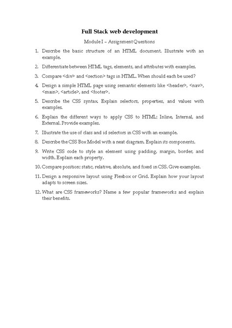 Full Stack Web Dev Assignment Questions For Module I And Ii Studocu