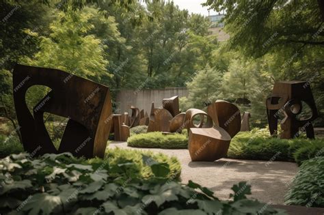 Jardín De Esculturas Con Piezas De Diferentes Formas Y Tamaños Entre Una Exuberante Vegetación