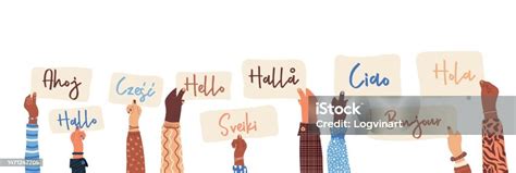 텍스트가 있는 배너를 들고 있는 다양한 인간의 손 다양한 국제 언어로 안녕하세요 인사하기에 대한 스톡 벡터 아트 및 기타 이미지