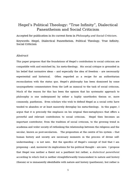 Hegels Political Theology True Infinity Dialectical Panentheism