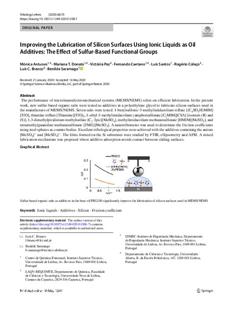 Pdf Improving The Lubrication Of Silicon Surfaces Using Ionic Liquids As Oil Additives The