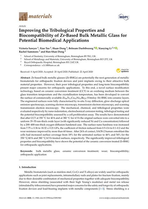 Pdf Improving The Tribological Properties And Biocompatibility Of Zr Based Bulk Metallic Glass